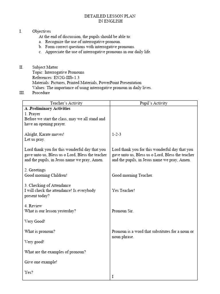 Detailed Lesson Plan English | PDF | Pronoun | Question