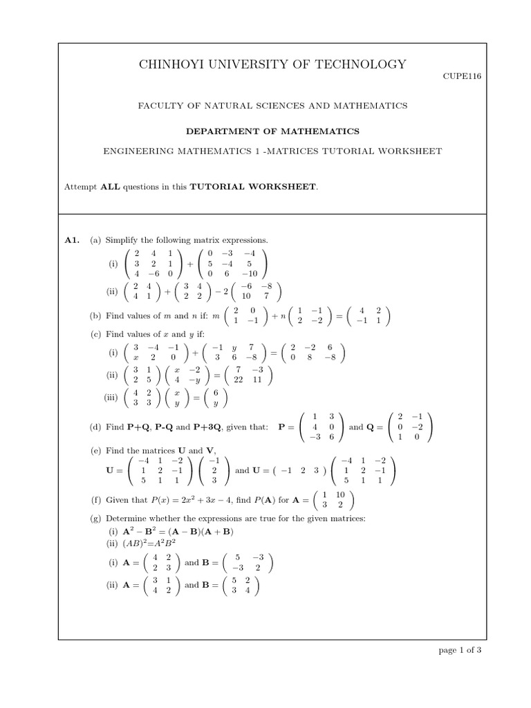 Matrices Tutorial Eng1 | PDF | Matrix (Mathematics) | Eigenvalues And Eigenvectors