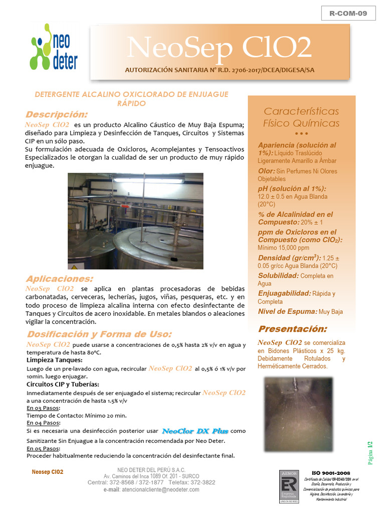 Ficha Técnica - NeoSep ClO2 (Ver01) | PDF | Agua | Compuestos químicos