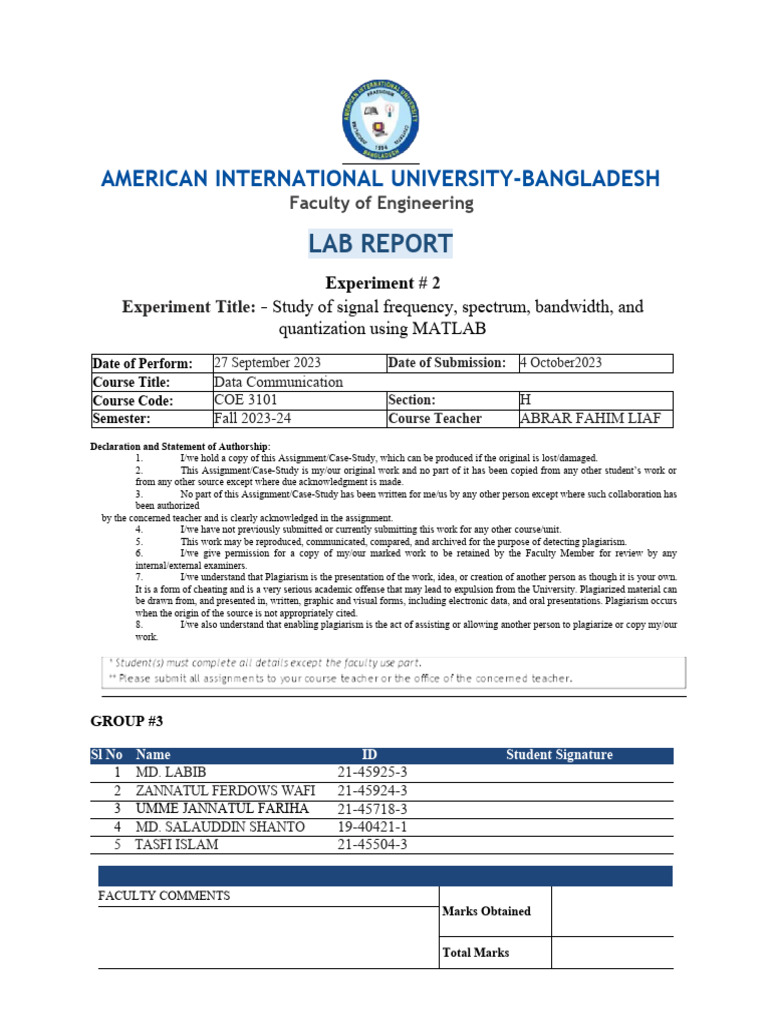 MATLAB Signal Analysis Lab Report | PDF | Frequency | Analog To Digital ...