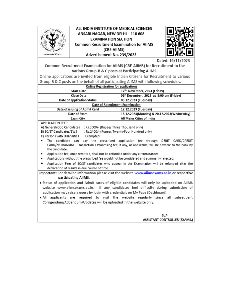 Advertisement CRE-AIIMS 2023 | PDF | Payments