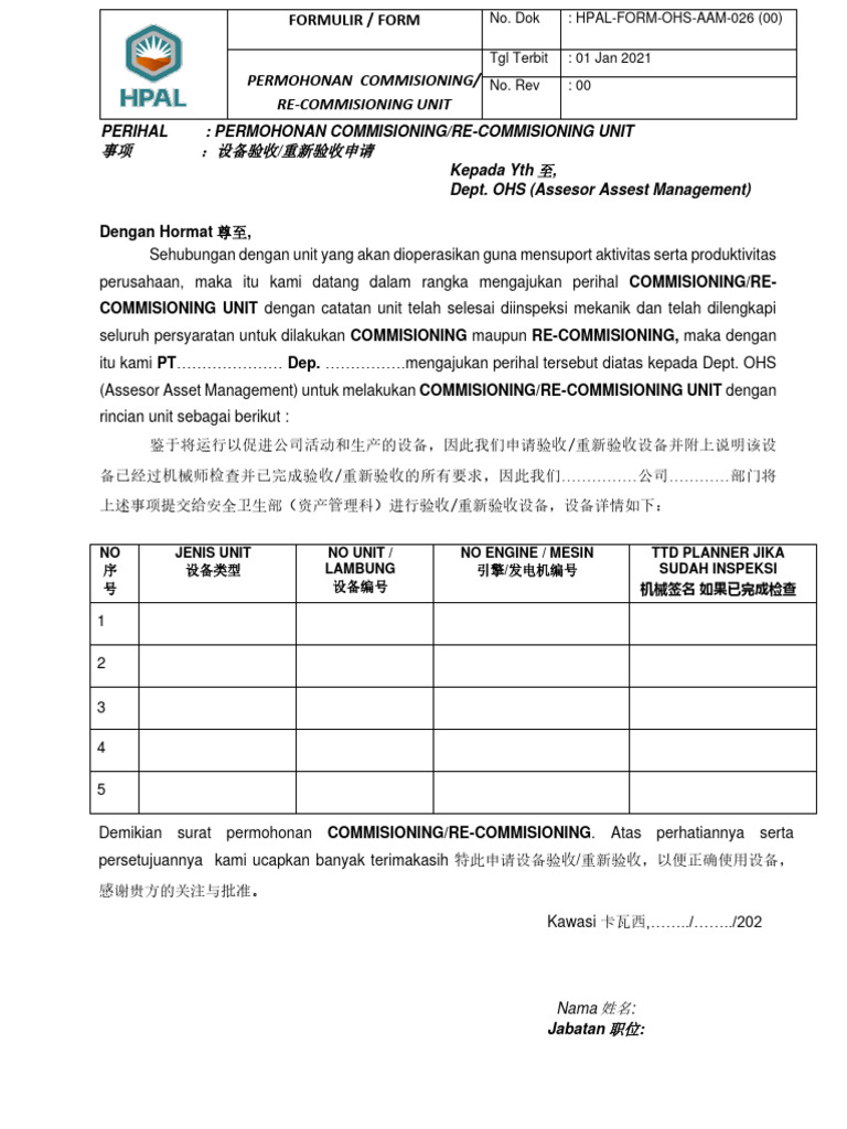 Hpal-Form-ohs-Aam-026 (00) Permohanan Pengajuan Commissioning - Hpal ...