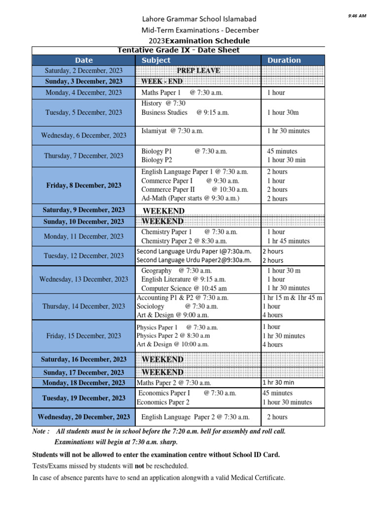 Grade IX Date Sheet & Syllabus December Exam 2023 | PDF | Physical Sciences