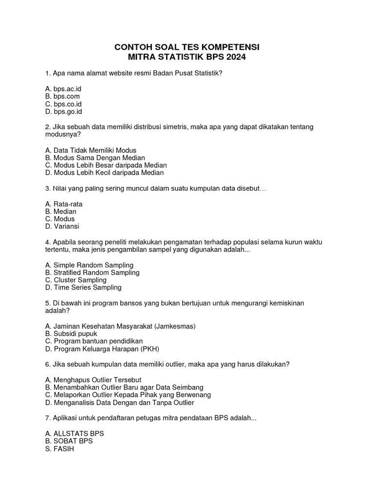 SOAL TES KOMPETENSI Mitra Statistik BPS 2023 - Masagipedia | PDF