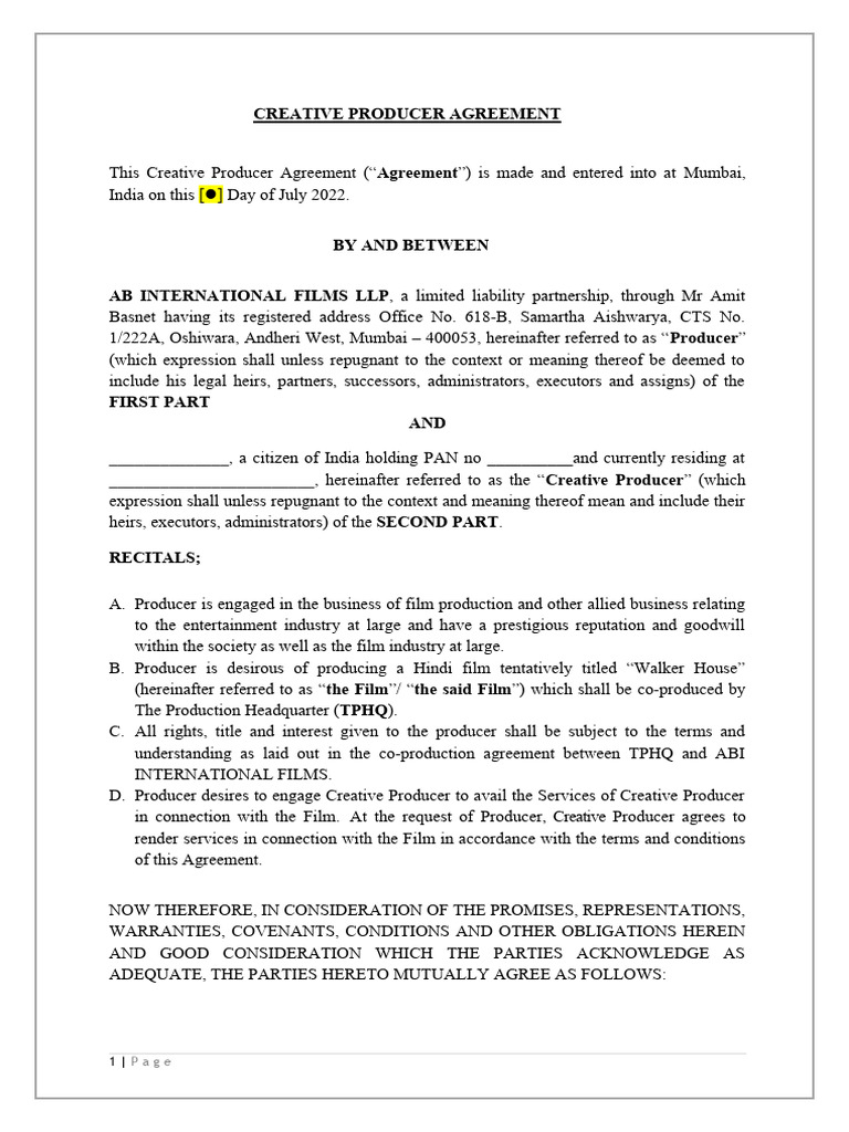 Creative Producer Agreement | Download Free PDF | Breach Of Contract ...