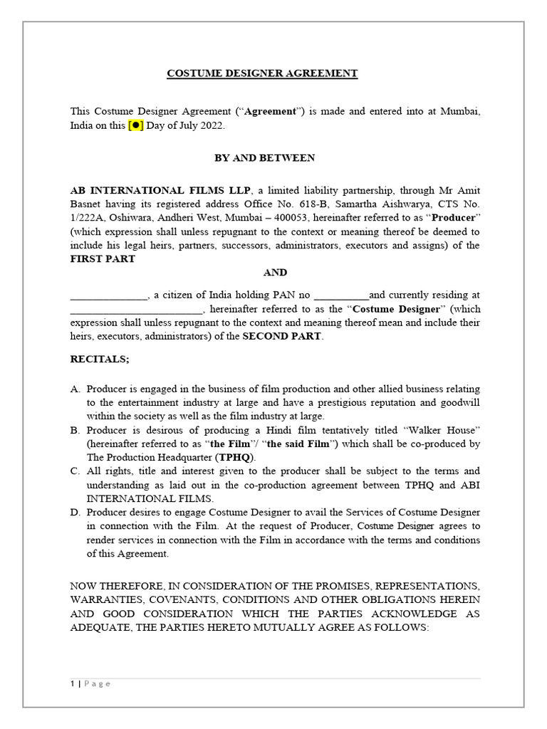 Costume Designer Agreement for Film Production | PDF | Trade Secret ...
