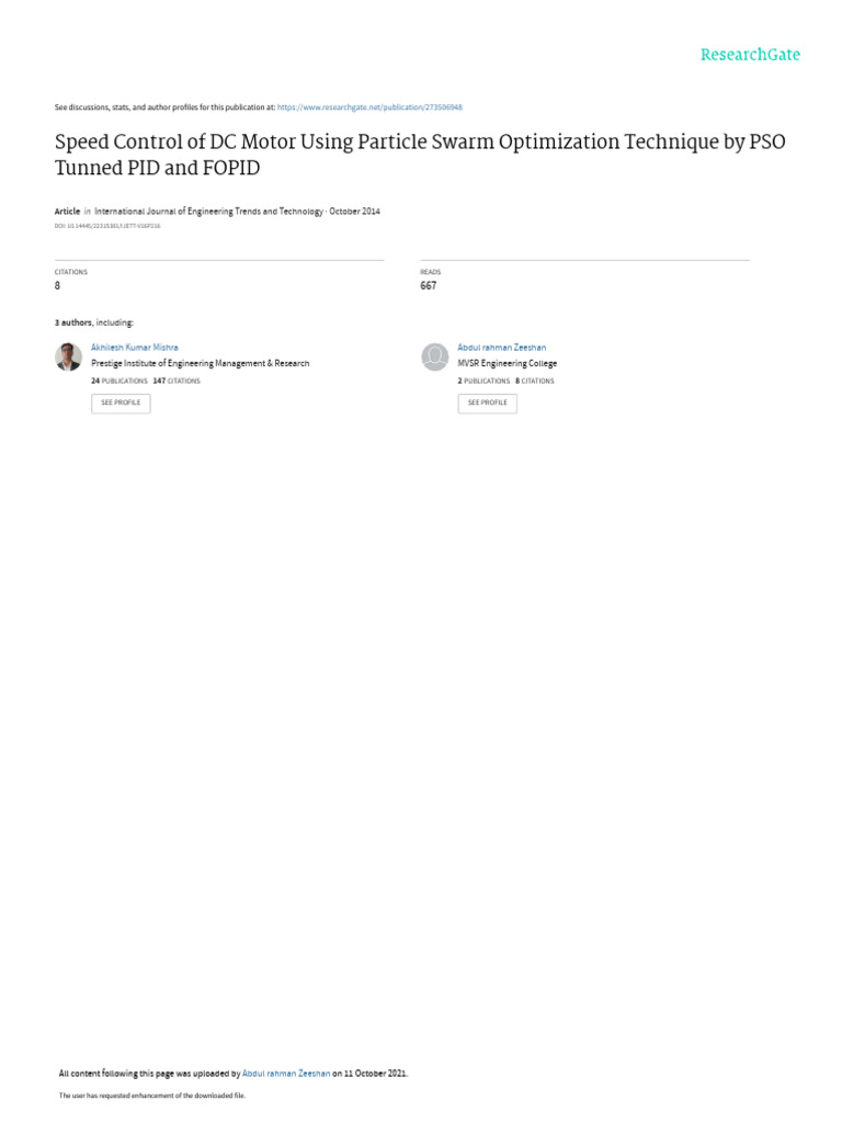 Speed Control Of Dc Motor Using Particle Swarm Opt Pdf Control Theory Mathematical