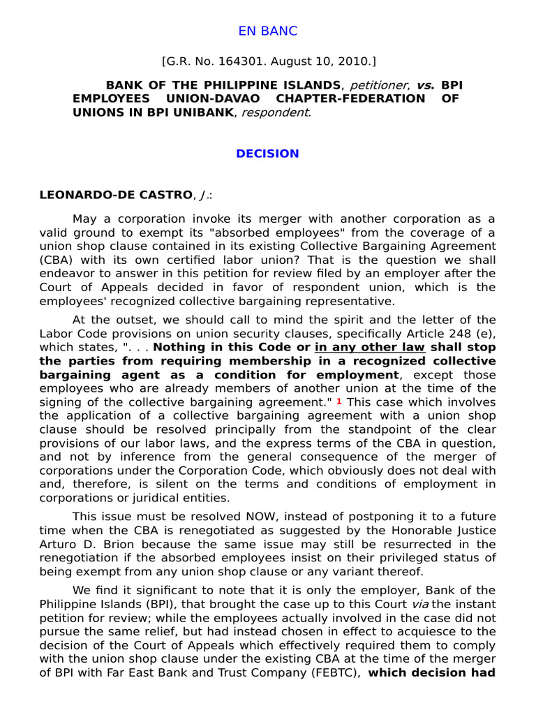 Bank of The Philippine Islands v. BPI Employees Union-Davao Chapter ...