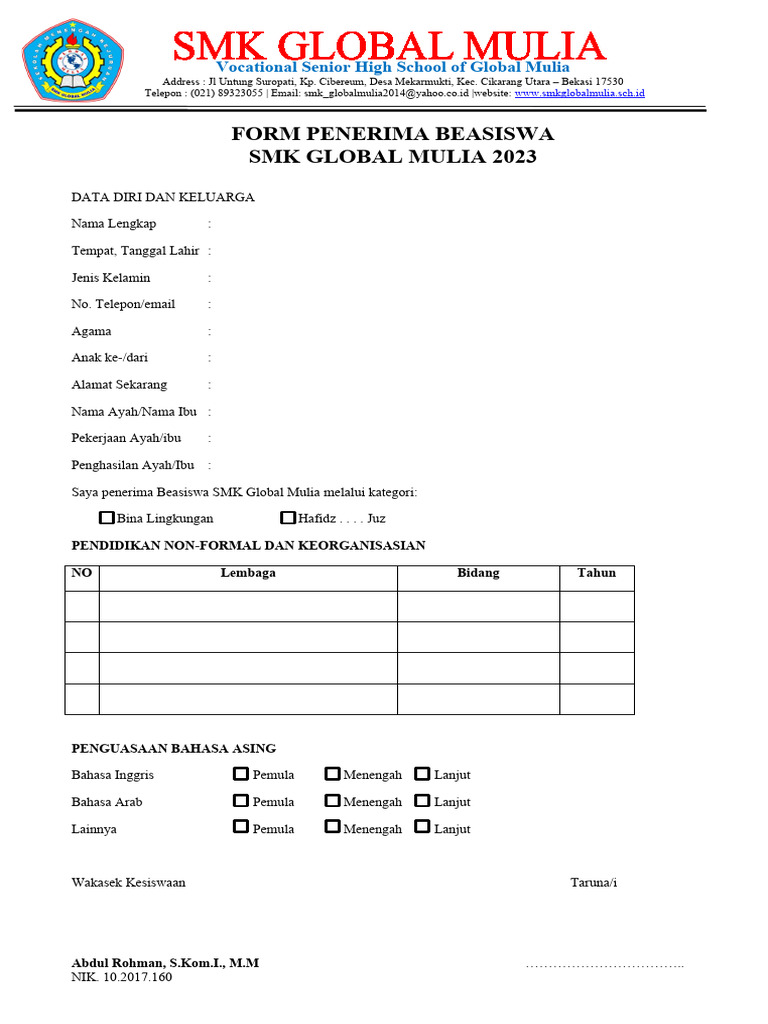 Form Beasiswa SMK Global Mulia 2023 | PDF