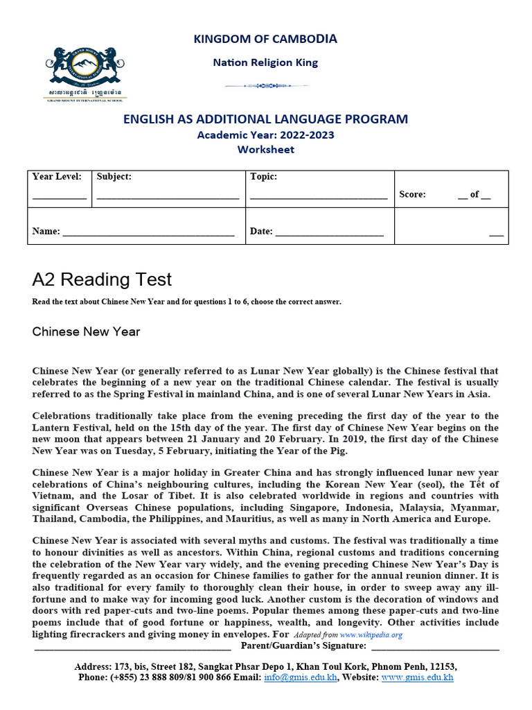 A2 Reading: Chinese New Year | PDF | Festival | Asia