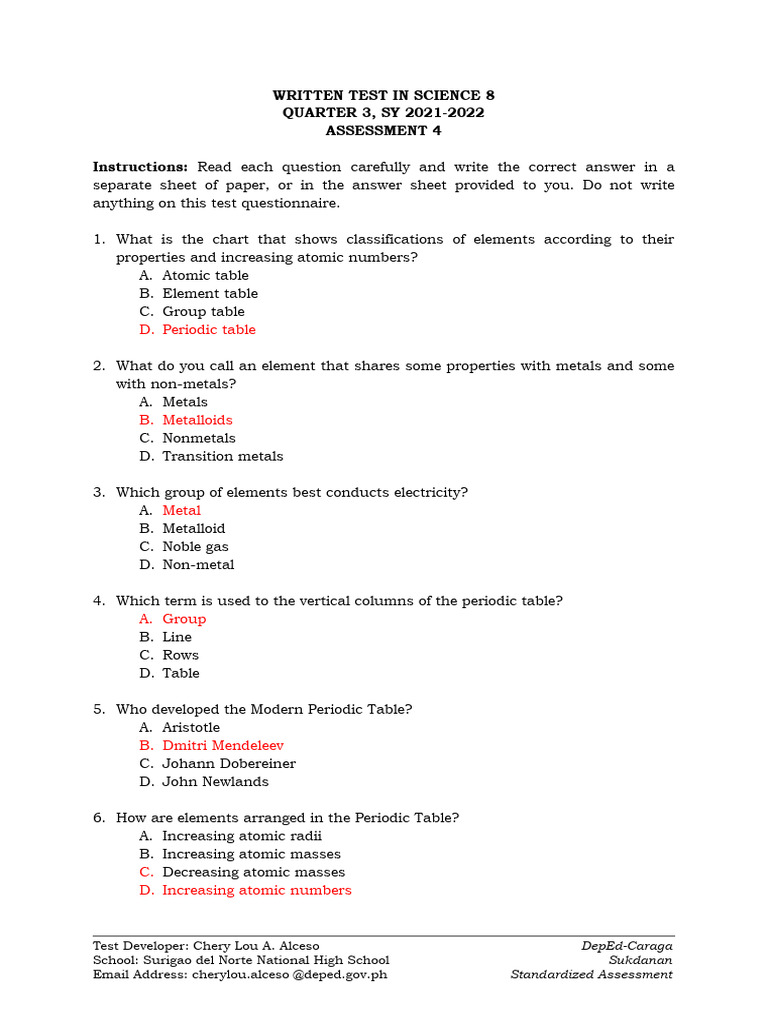 S8 - Q3 - Answer Key 4 | PDF | Metals | Chemical Elements