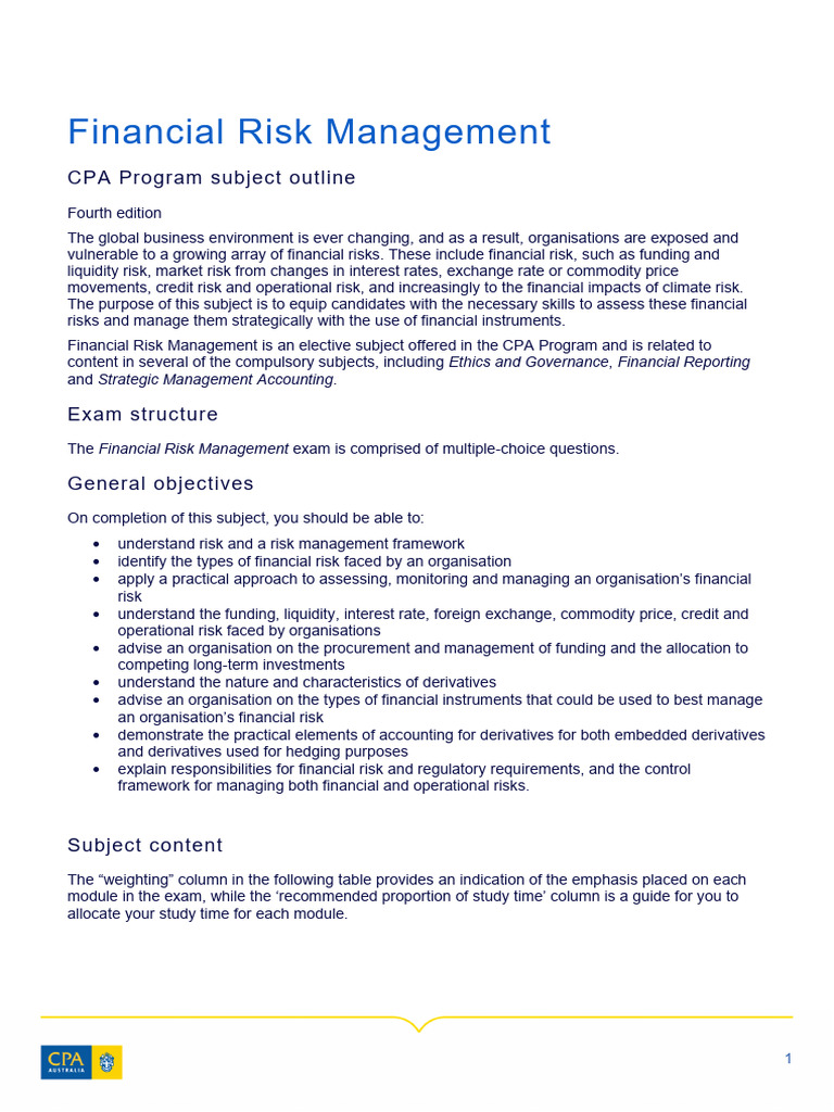 CPA Program Subject Outline - Financial Risk Management - Fourth ...