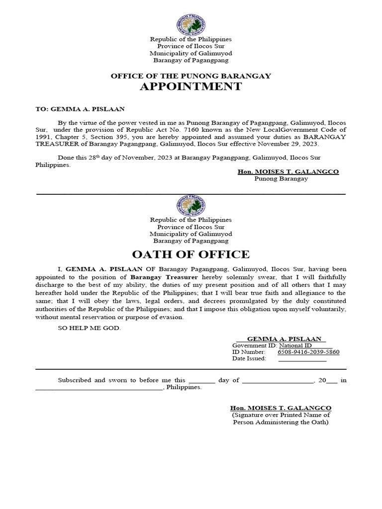 Oath of Office of Newly Appointed Officials | PDF | Oath Of Office ...