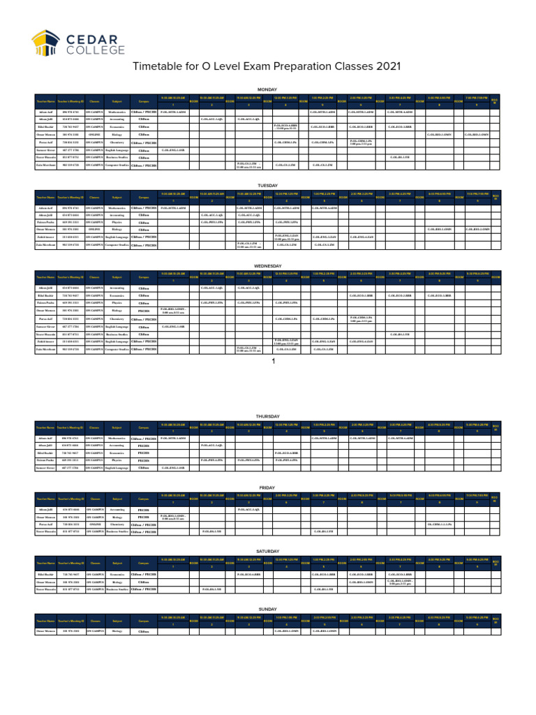 Timetable For O Level Exam Preparation Classes 2021 | PDF
