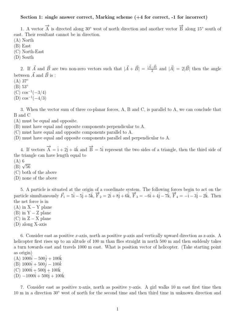 Vector Practice Test-1 | PDF | Euclidean Vector | Force