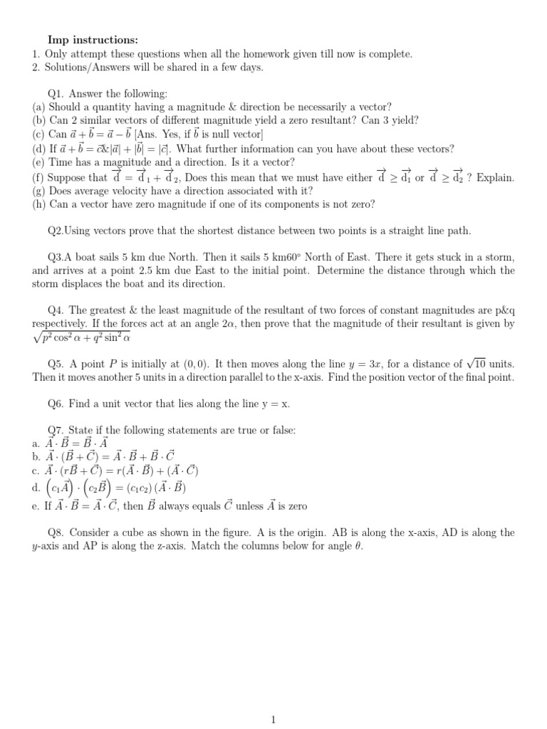 Vector Advanced Practice Assignment-1 | PDF | Euclidean Vector | Angle Vector Advanced Practice Assignment-1 | PDF | Euclidean Vector | Angle