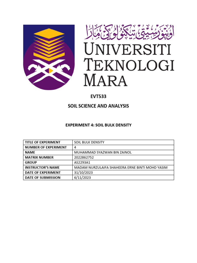 EVT533 Experiment 4 Soil Bulk Density | PDF | Porosity | Soil