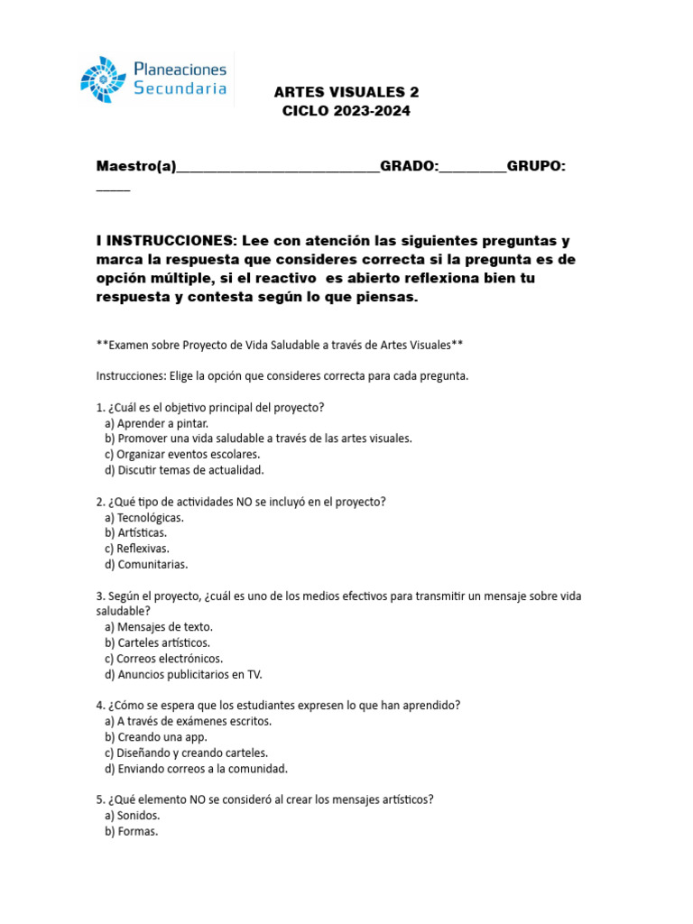 Examen de Artes 2 Vida Saludable | PDF