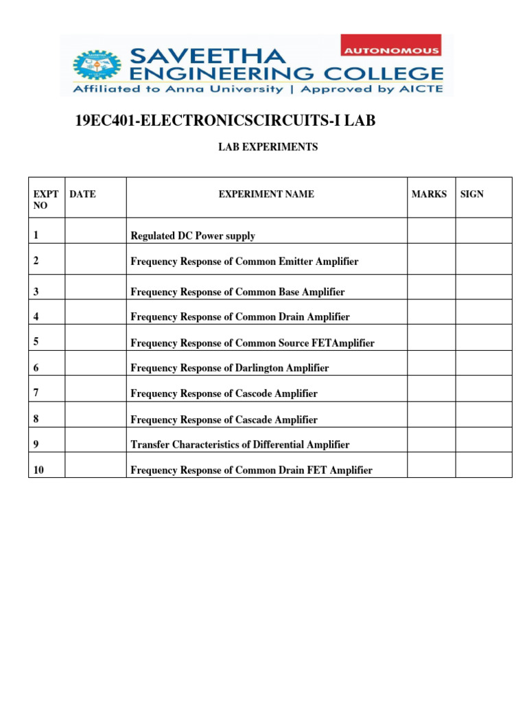 19ec401 - Ec1 - 2021 - 2022 Lab Manual PDF | PDF | Amplifier | Power Supply