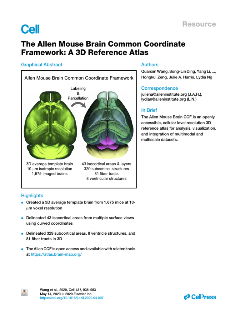 The Allen Mouse Brain Common Coordinate Framework - A 3D Reference Atlas | PDF | Cerebral Cortex ...