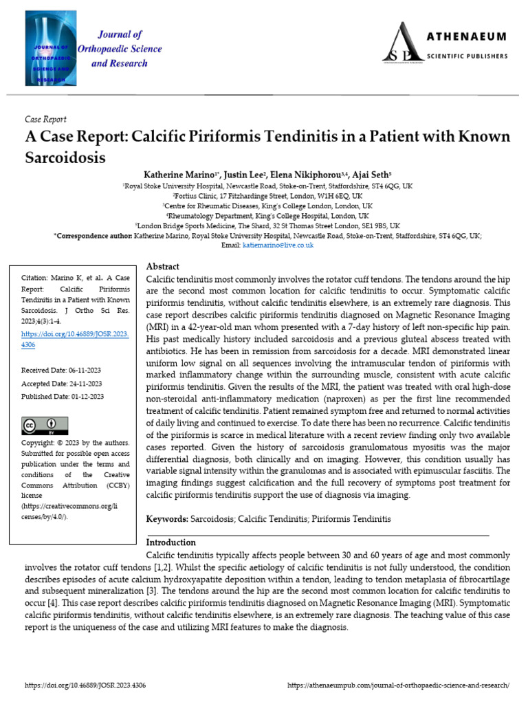 A Case Report Calcific Piriformis Tendinitis in A Patient With Known ...
