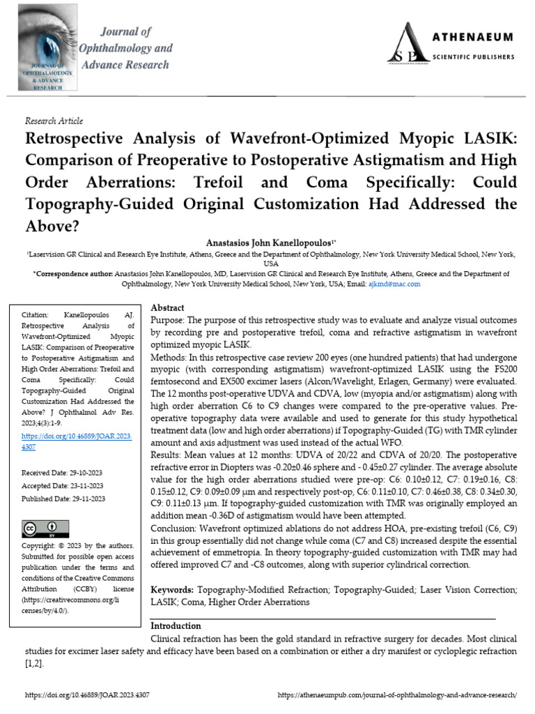 Retrospective Analysis of Wavefront Optimized Myopic LASIK Comparison ...