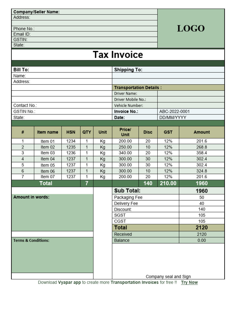 Transport GST Invoice Format Template | PDF | Payments | Economies