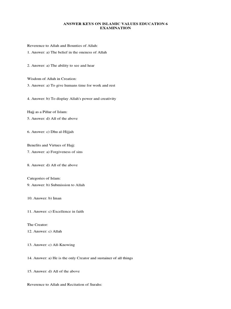 Answer Keys On Islamic Values Education 6 | PDF | Resource | Allah