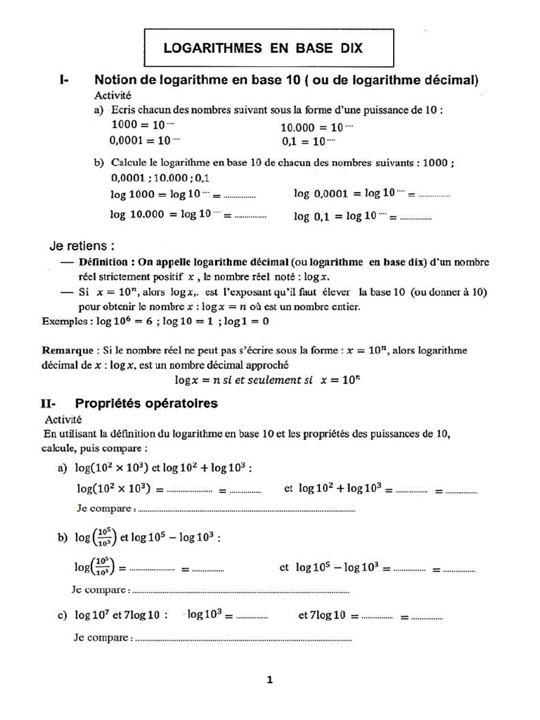 Exercices sur les logarithmes en base 10 | PDF | Nombre | Mathématiques