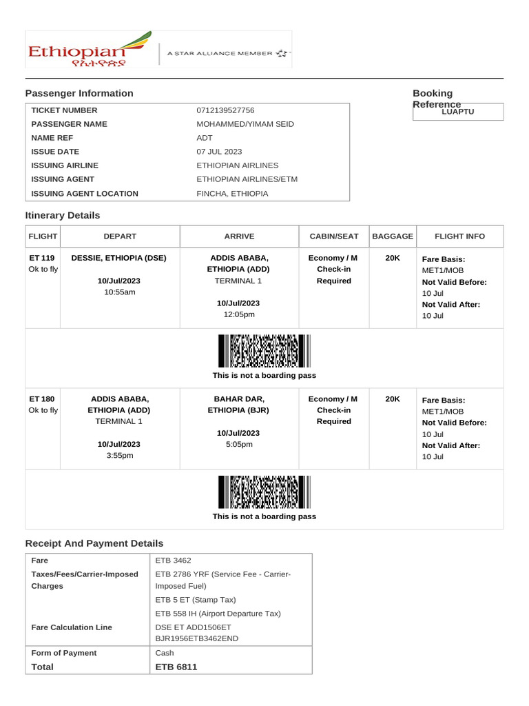 Electronic Ticket Receipt, July 10 For YIMAM SEID MOHAMMED | PDF | Transport | Aviation