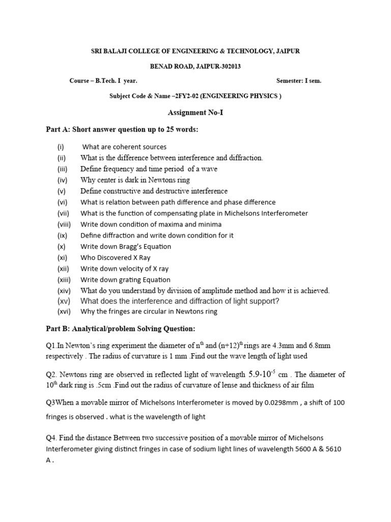 Unit I Interference Ass | PDF | Diffraction | Interferometry