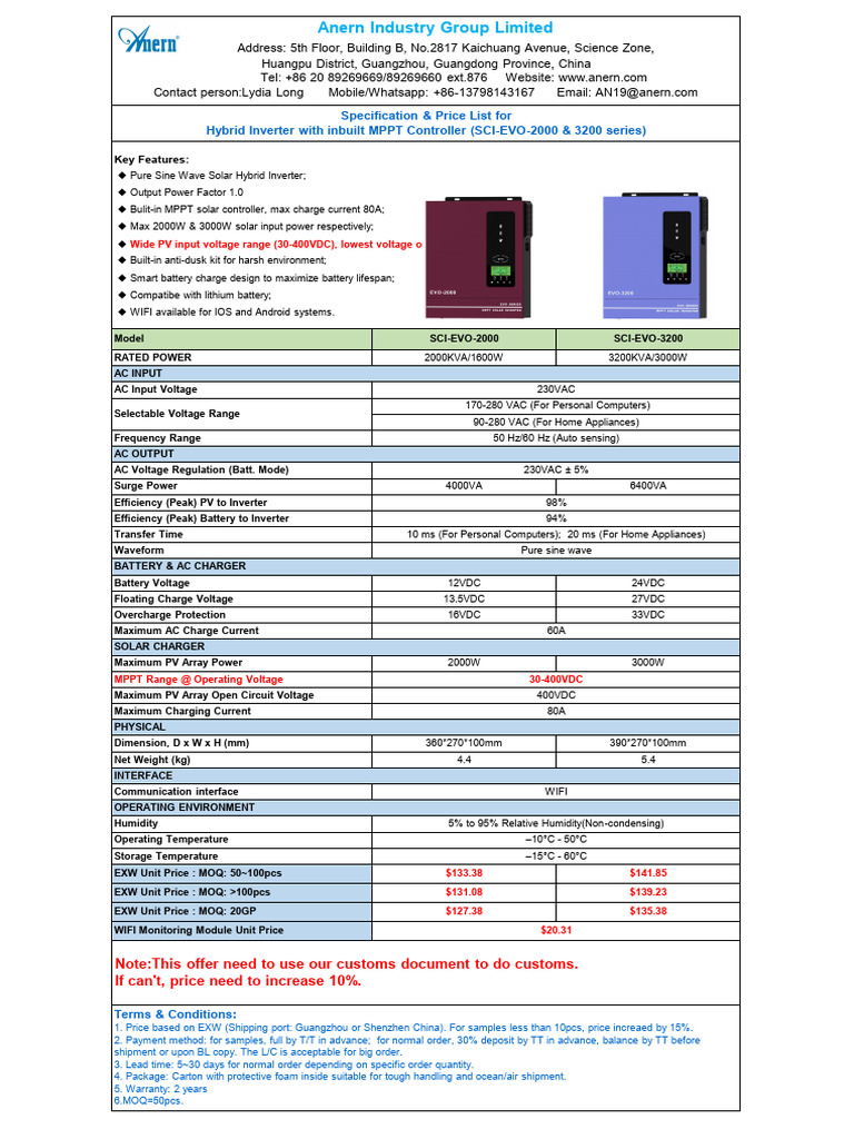 Anern Hybrid Solar Inverter (EVO Series) Specification & Price List ...
