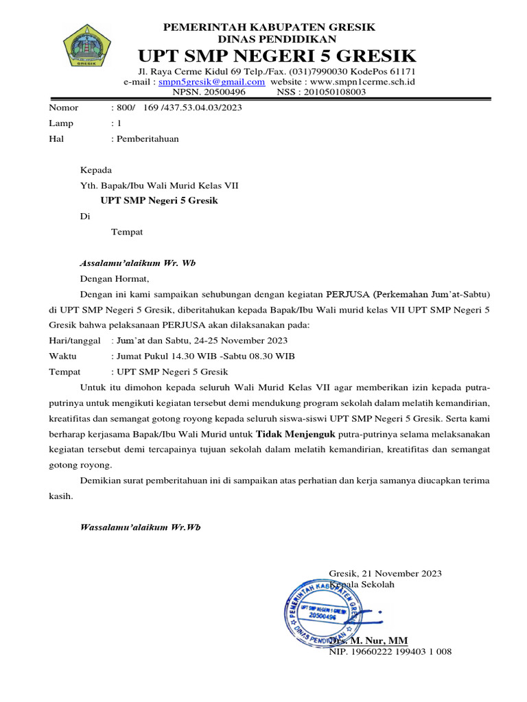 Pemberitahuan Kegiatan PERJUSA Kelas VII | PDF | Kesehatan Holistik