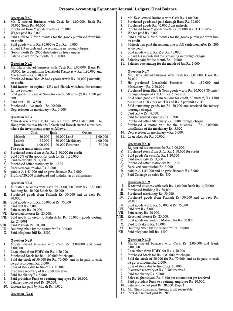 Accounting Equation Practice Questions | PDF | Cheque | Stocks