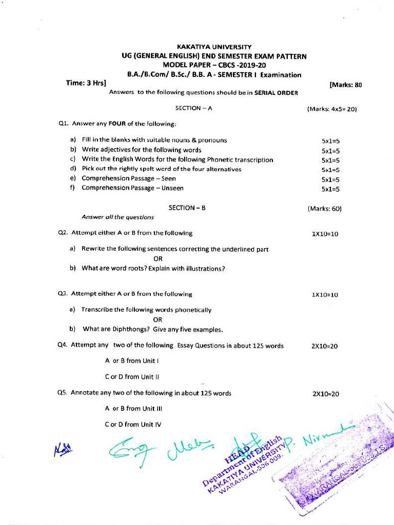 Kakatiya University UG English 1st Sem Sample Question Paper | PDF