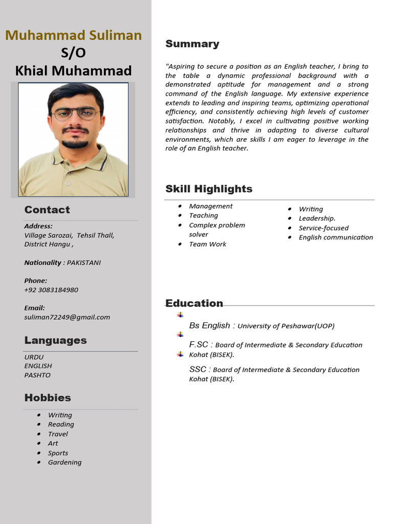 Muhammad Suliman - Aspiring English Teacher | PDF