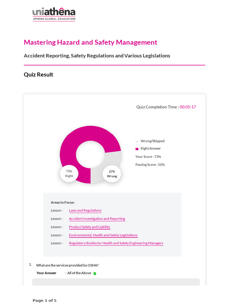Quiz 1 | PDF | Occupational Safety And Health | Personal Protective ...