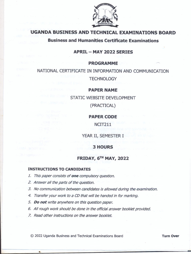 UBTEB PAST PAPER NCIT211 Static Website0001 MAY 2022 | PDF