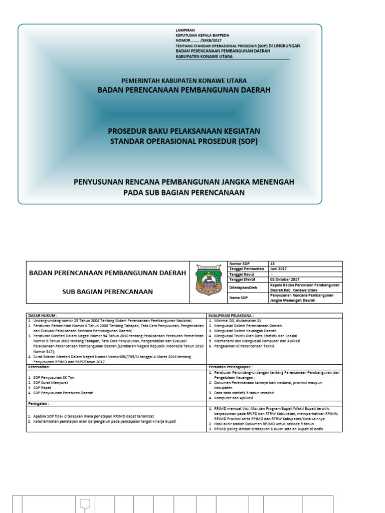 SOP 13 Penyusunan Rencana Pembangunan Jangka Menengah (RPJMD) | PDF