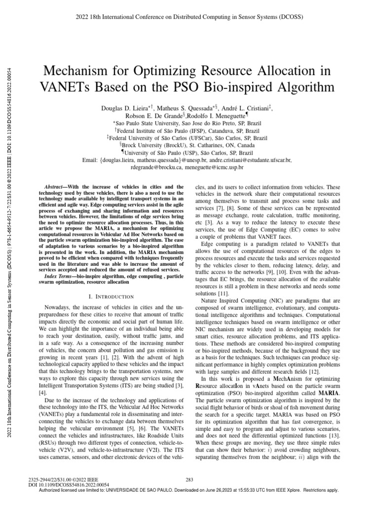 Mechanism For Optimizing Resource Allocation in VANETs Based On The PSO ... Mechanism For Optimizing Resource Allocation in VANETs Based On The PSO ...