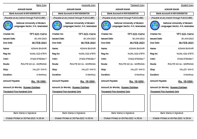 Print Transport Challan - NUML Transportal | PDF
