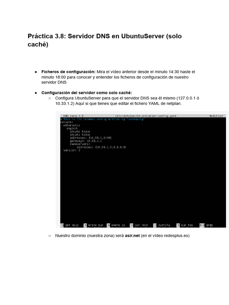 Práctica 3.8 Servidor DNS en UbuntuServer (Solo Caché) | PDF
