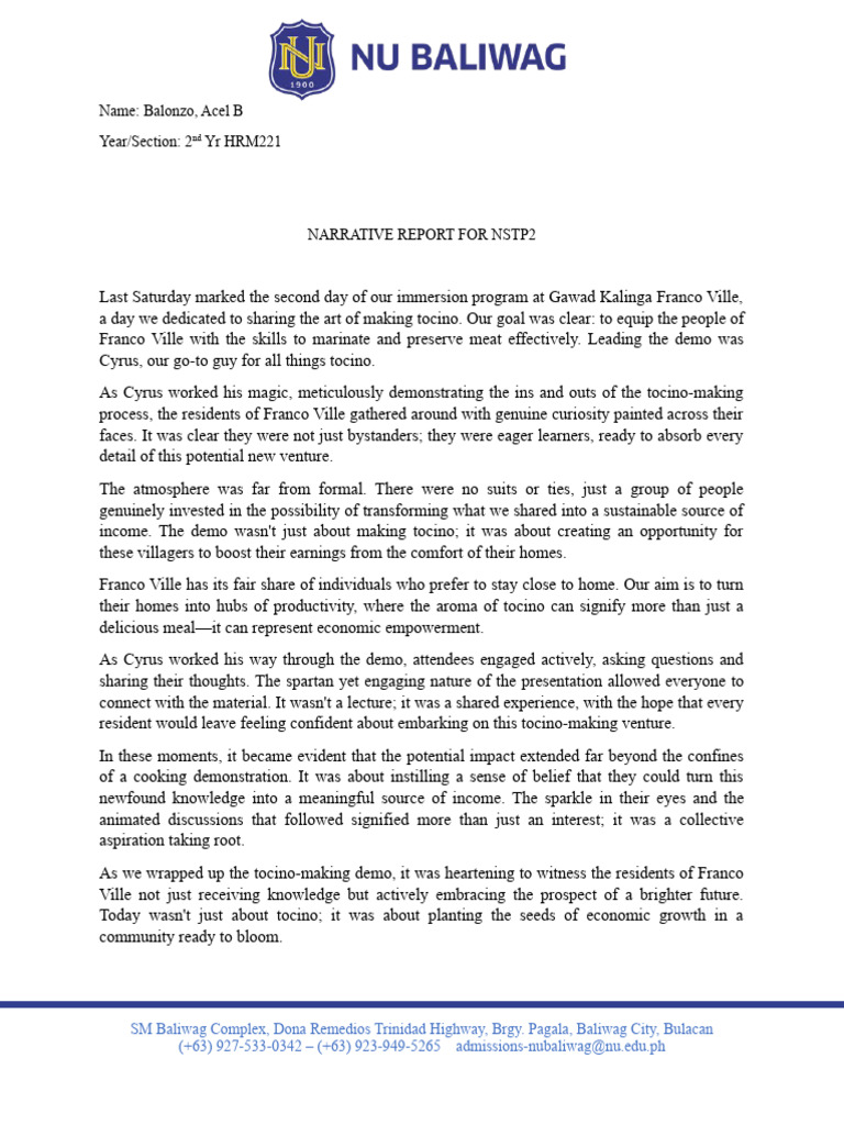 Narrative Report-NSTP - TocinoMaking | Download Free PDF | Learning | Behavior Modification