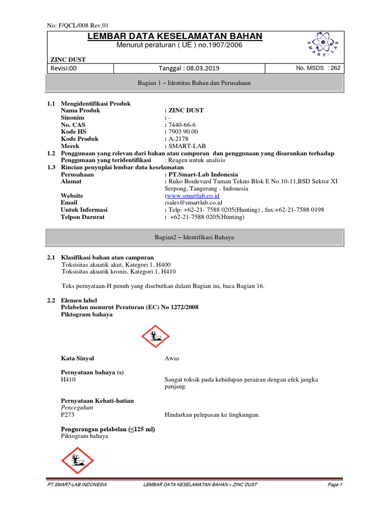 Msds Zinc (Metal) Dust (Indo) | PDF