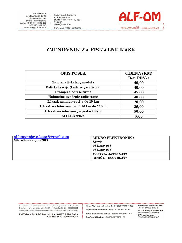 Alfom Cjenovnik Za Fiskalne Kase | PDF