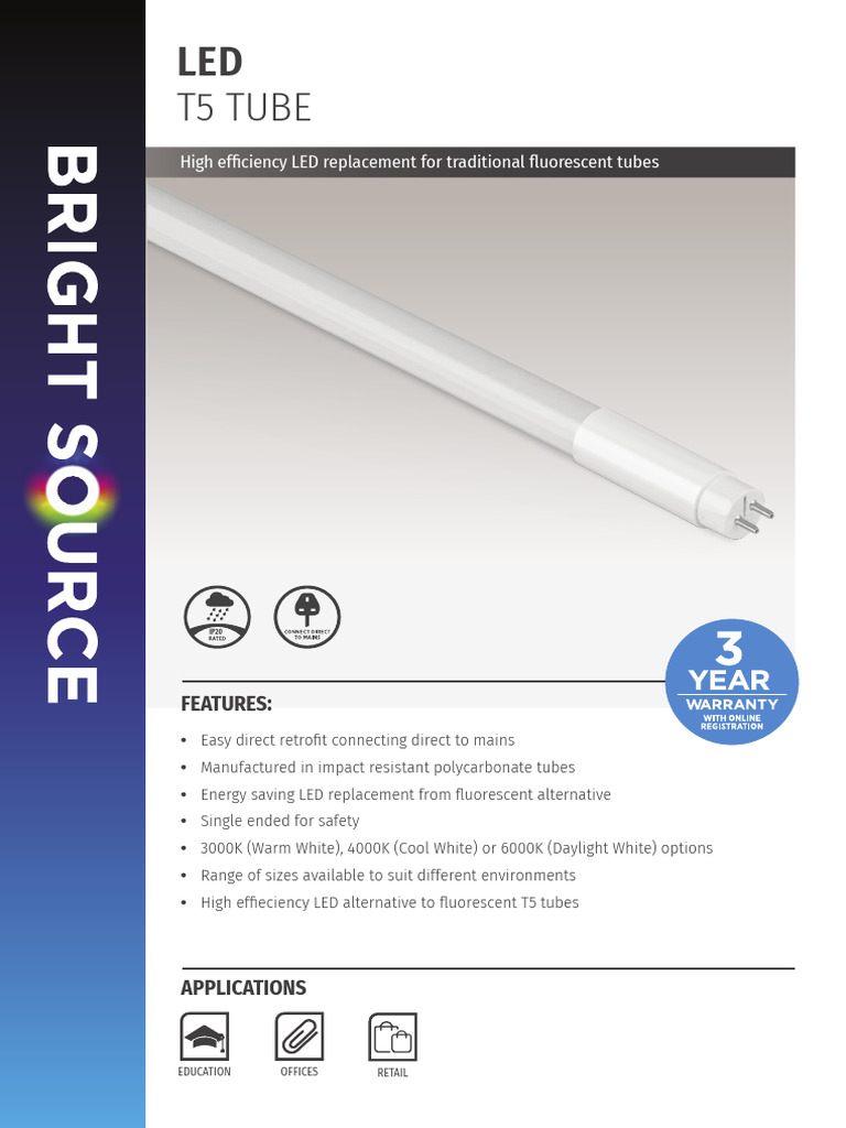 Bright Source LED T5 Tube Data Sheet | PDF | Fluorescent Lamp | Light ...