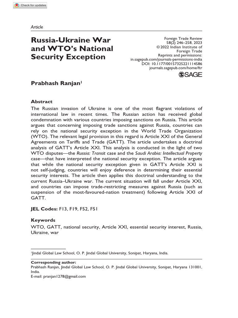 Ranjan 2022 Russia Ukraine War and Wto S National Security Exception ...