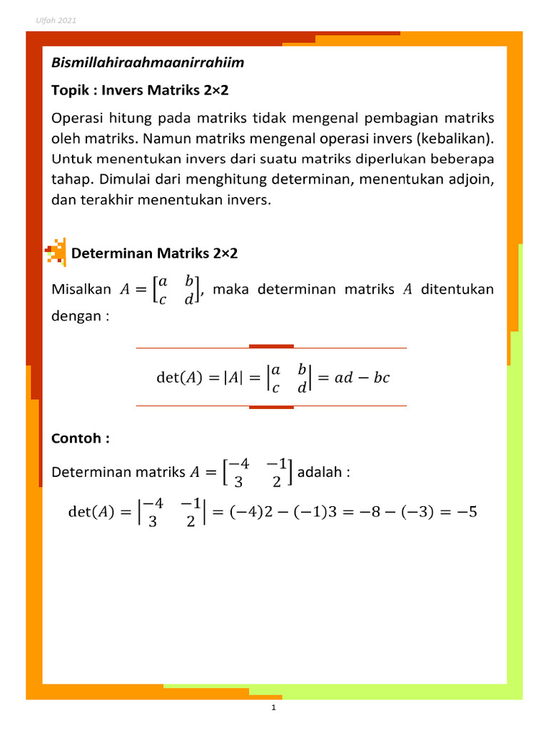 Resume Invers Matriks 2x2 | PDF