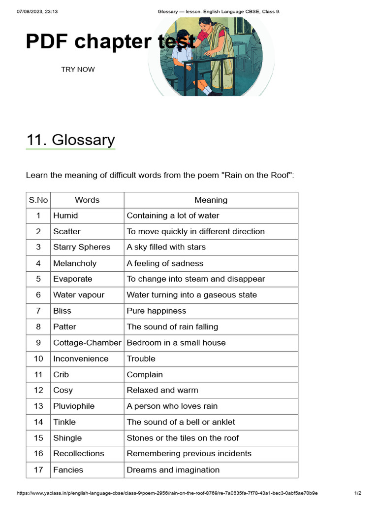 Glossary - Lesson. English Language CBSE, Class 9 | PDF
