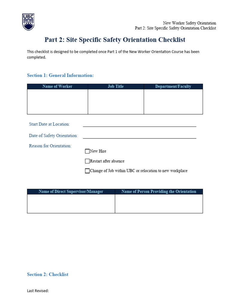 Site-Specific Safety Orientation Checklist | PDF | Occupational Safety ...